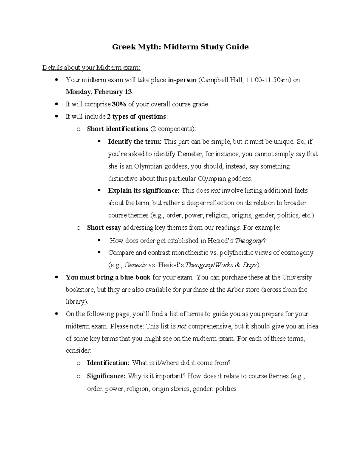 Midterm study guide - Greek Myth: Midterm Study Guide Details about ...
