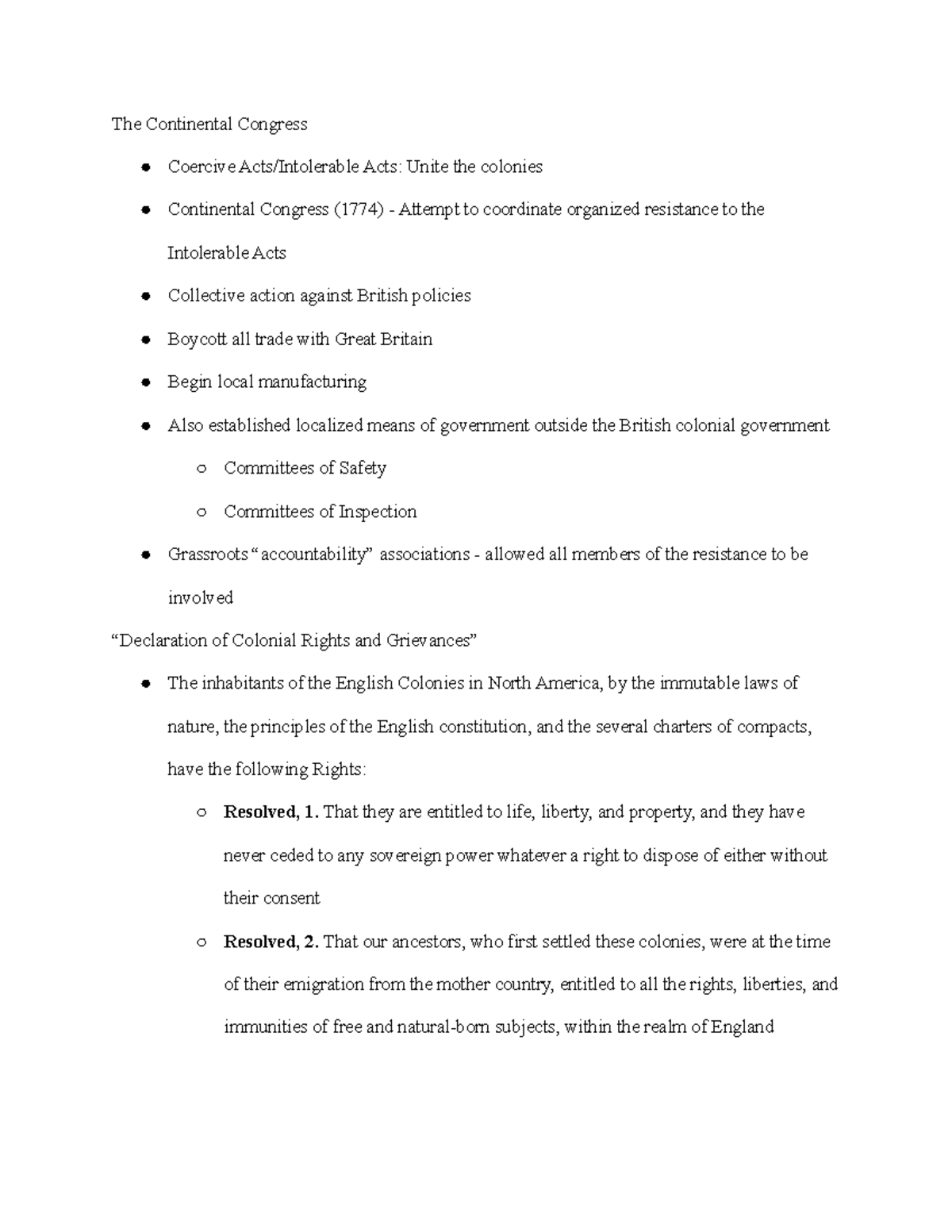 History Notes 10 12 - The Continental Congress Coercive Acts ...