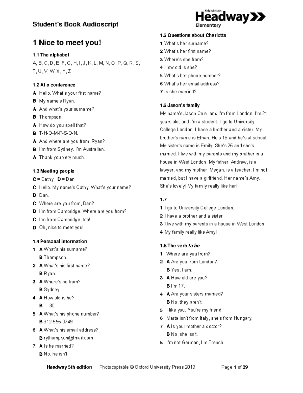 Headway 5e Elem Audioscript 1 Nice To Meet You 1 The Alphabet A B