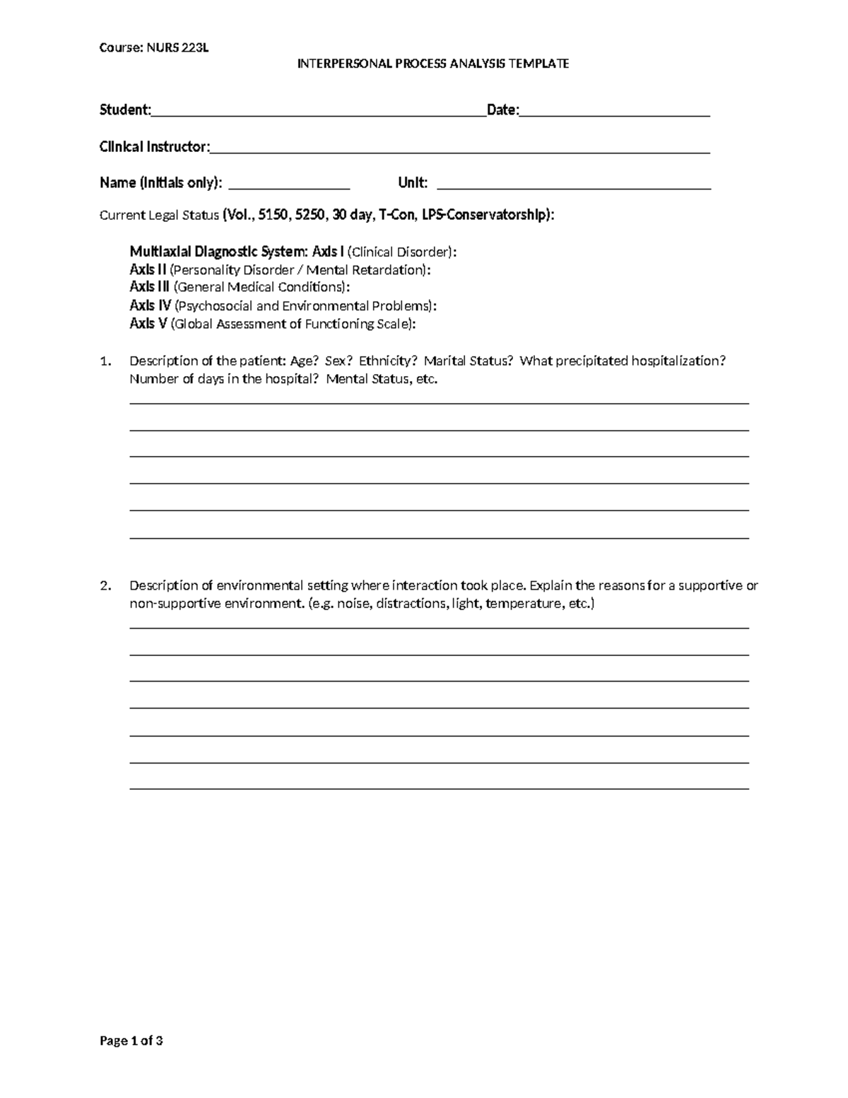 NURS 223L - Interpersonal Process Analysis Template-1 - Course: NURS 223L INTERPERSONAL PROCESS ...
