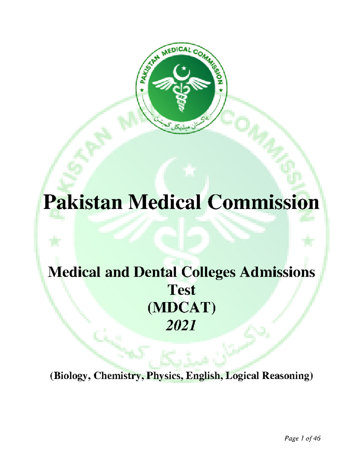 PMC Mdcat Syllabus 2021 Final - Pakistan Medical Commission Medical and Dental Colleges ...