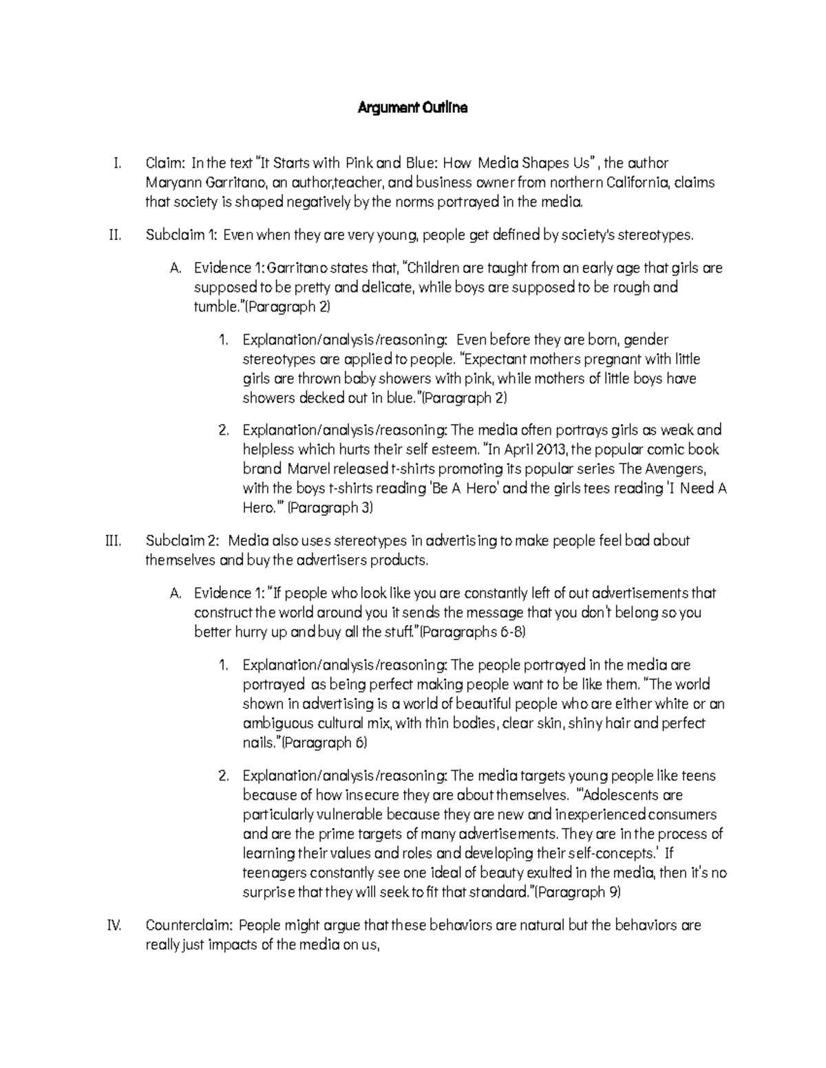 [template] Tri 2 Argument Outline Argument Outline I Claim In The Text “it Starts With Pink