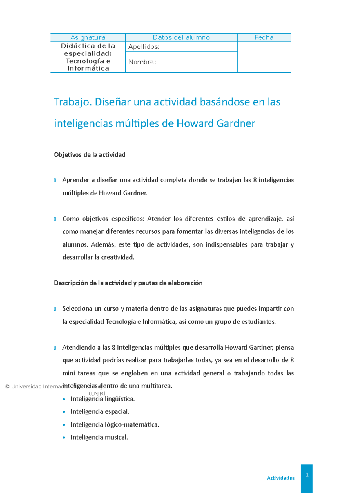 Diseñar una actividad basándose en las inteligencias múltiples de ...