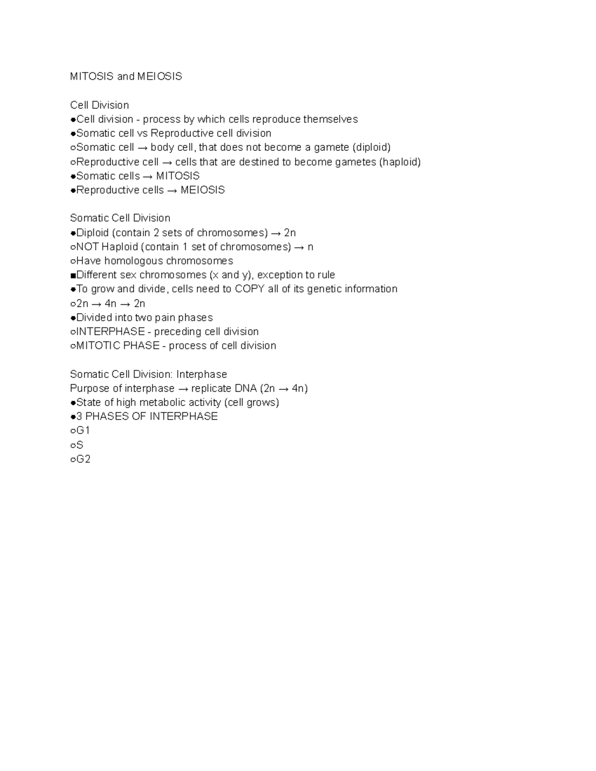 Mitosis and Meiosis Notes- BIOL 244 - MITOSIS and MEIOSIS Cell Division ...