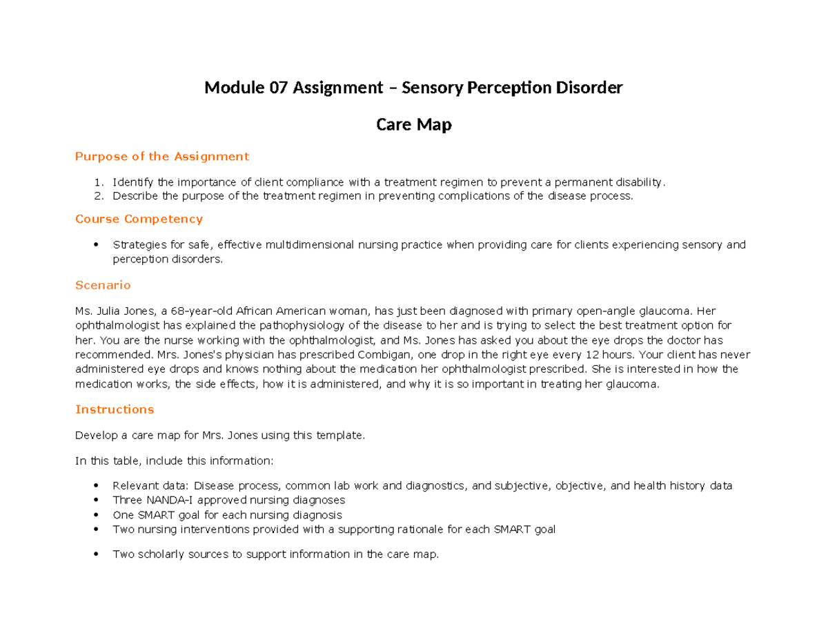 NUR 2356 Module 07 Assignment - Module 07 Assignment – Sensory Perception Disorder Care Map ...