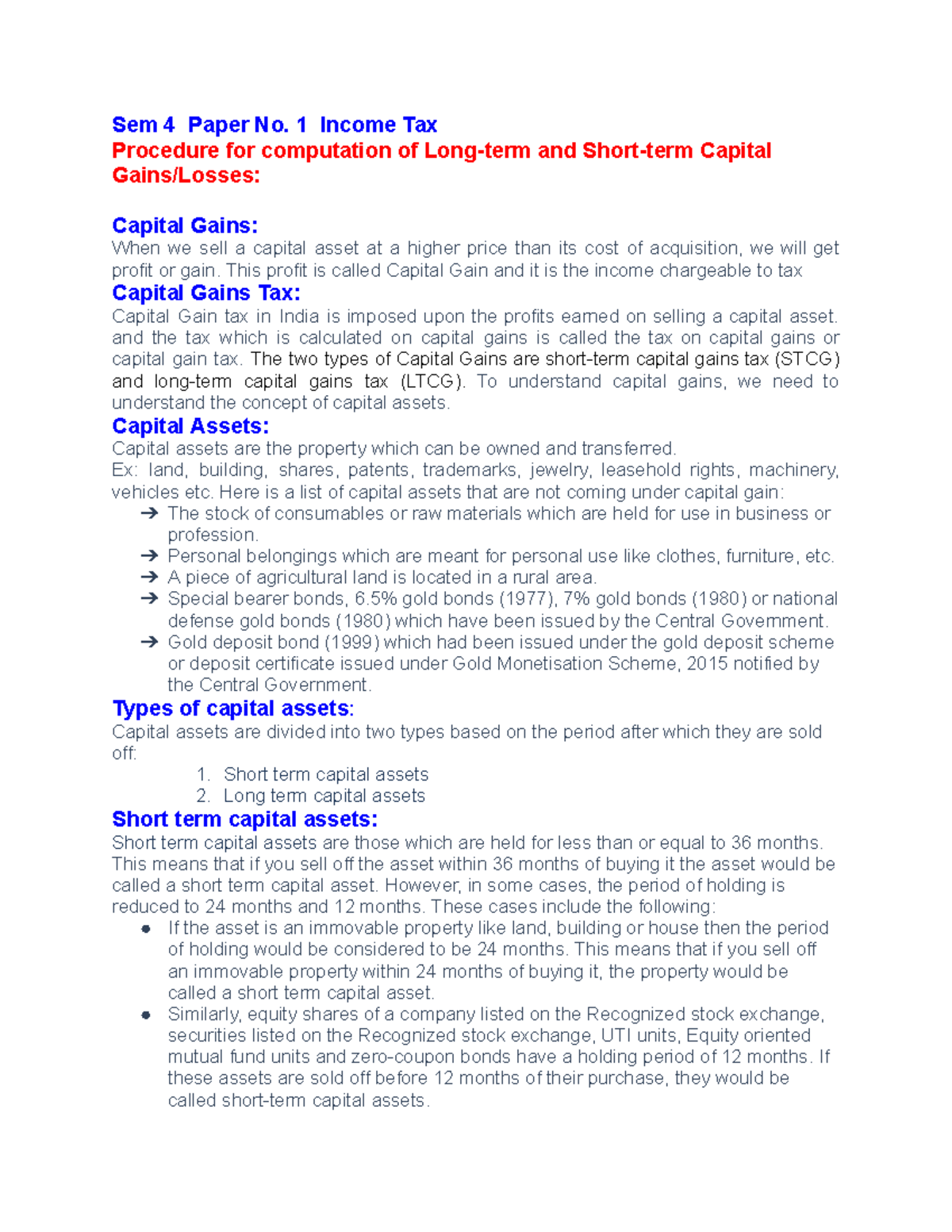 1 TEXT BCOM 4 SEM Income TAX 4C Capital GAIN TAX docx - Sem 4 Paper No ...