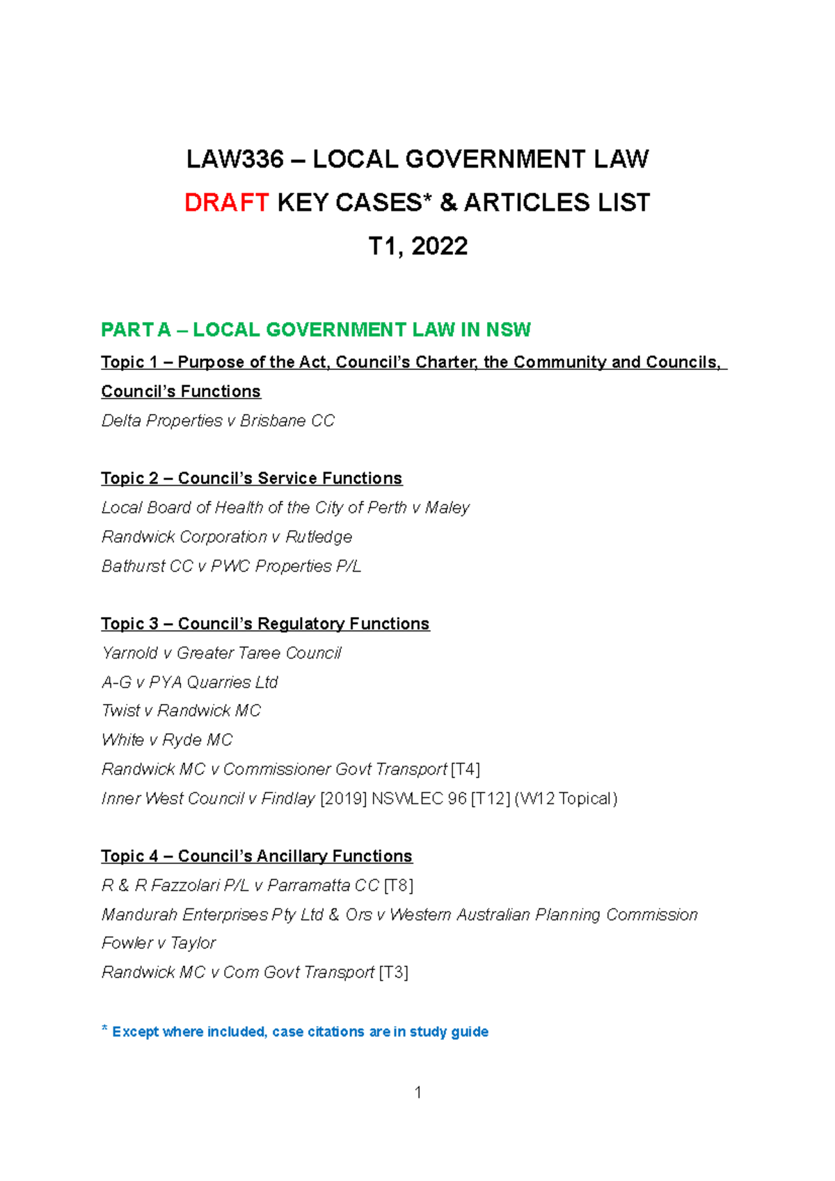KEY Cases List. - LAW336 – LOCAL GOVERNMENT LAW DRAFT KEY CASES ...