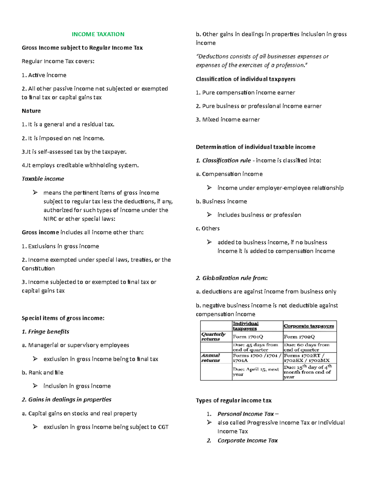 Income Taxation, Business Taxation, Transfer Taxation, estate, donor ...
