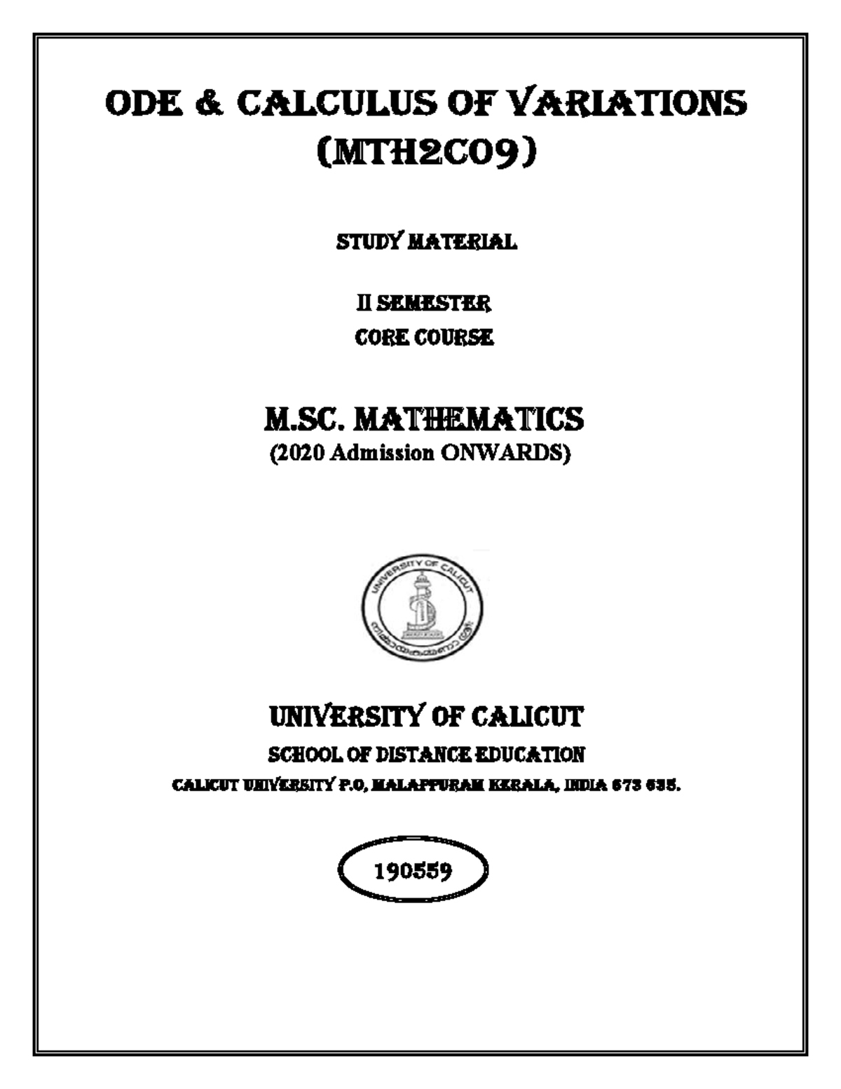 Calculous of variation - ODE & Calculus of variations (MTH 2 C0 9 ...