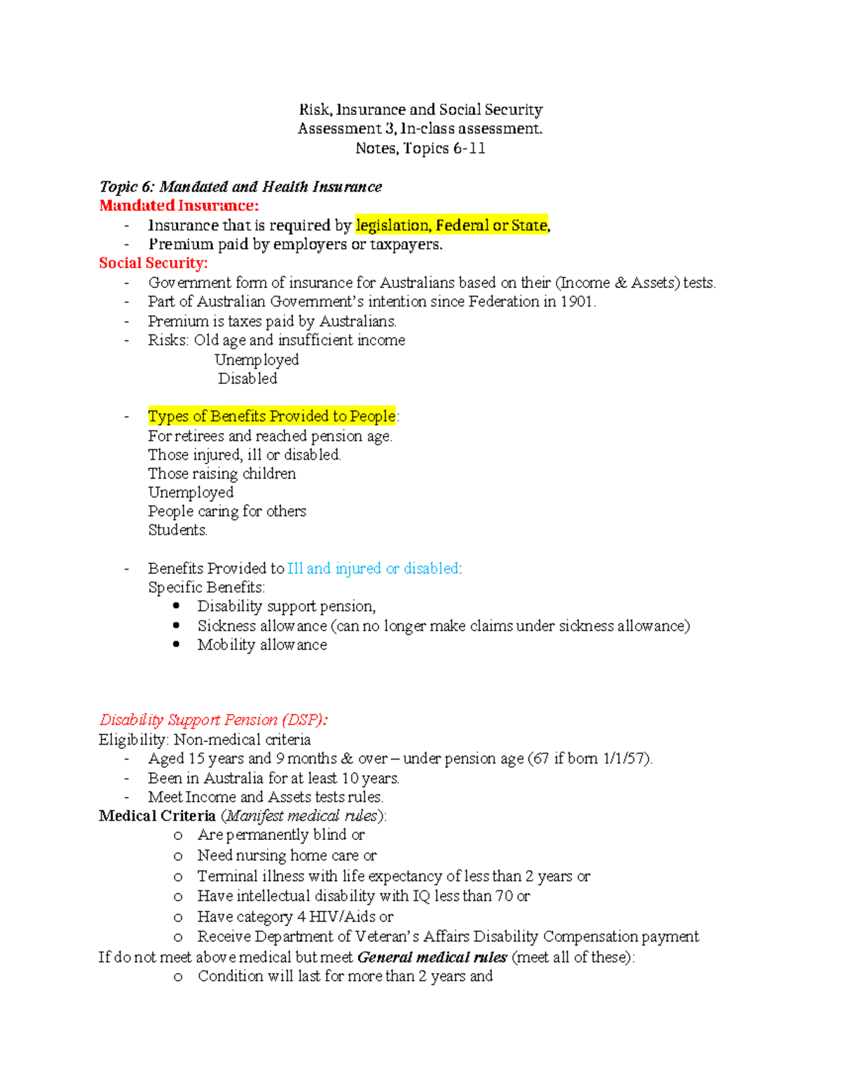 Notes For Topics 6-11 - Risk, Insurance and Social Security Assessment ...