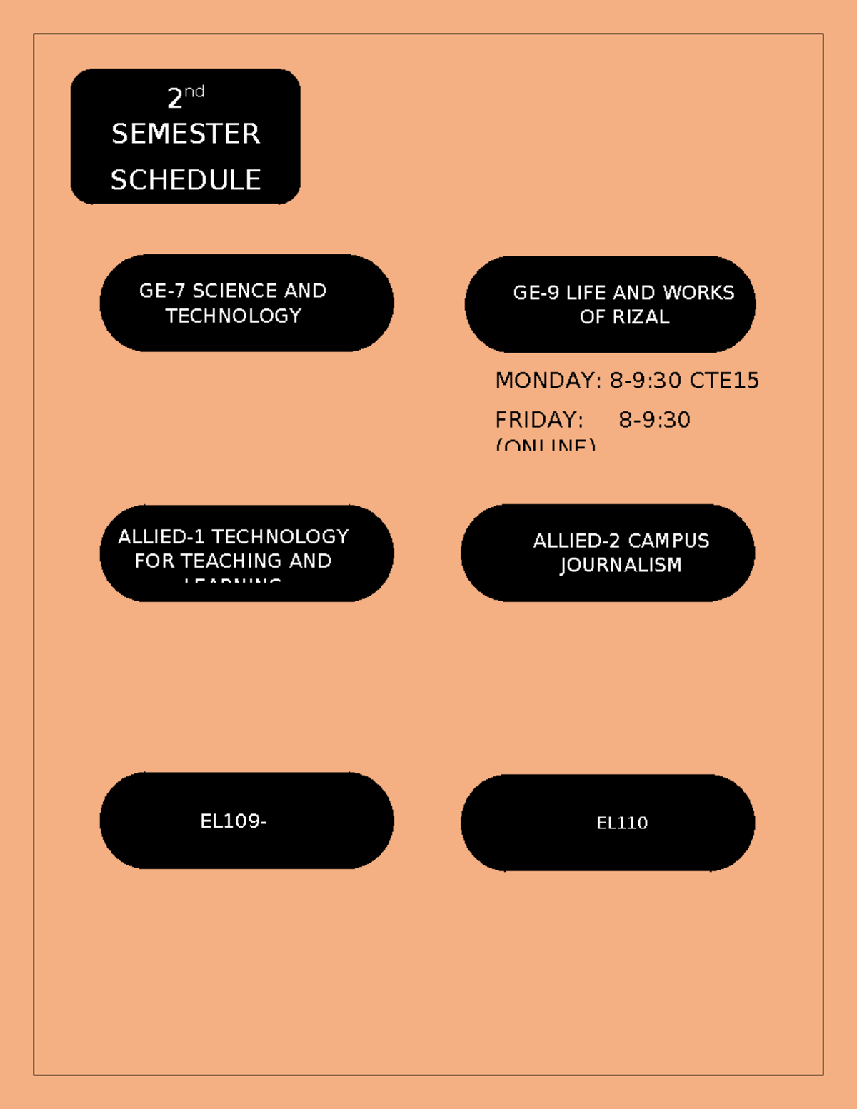 2ND SEM Sched - BSEd-English - HH 2 nd SEMESTER SCHEDULE GE-7 SCIENCE AND TECHNOLOGY MONDAY: 8-9 ...