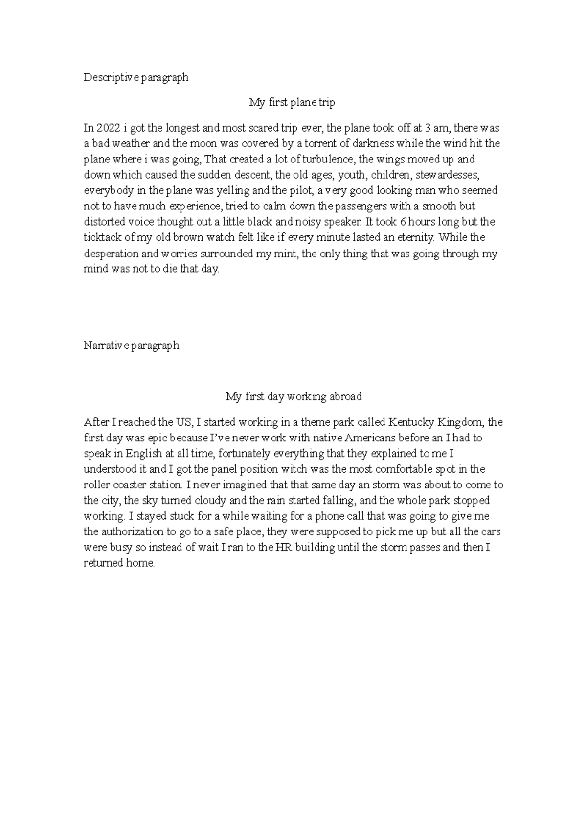 Types of paragraphs - Descriptive paragraph My first plane trip In 2022 ...