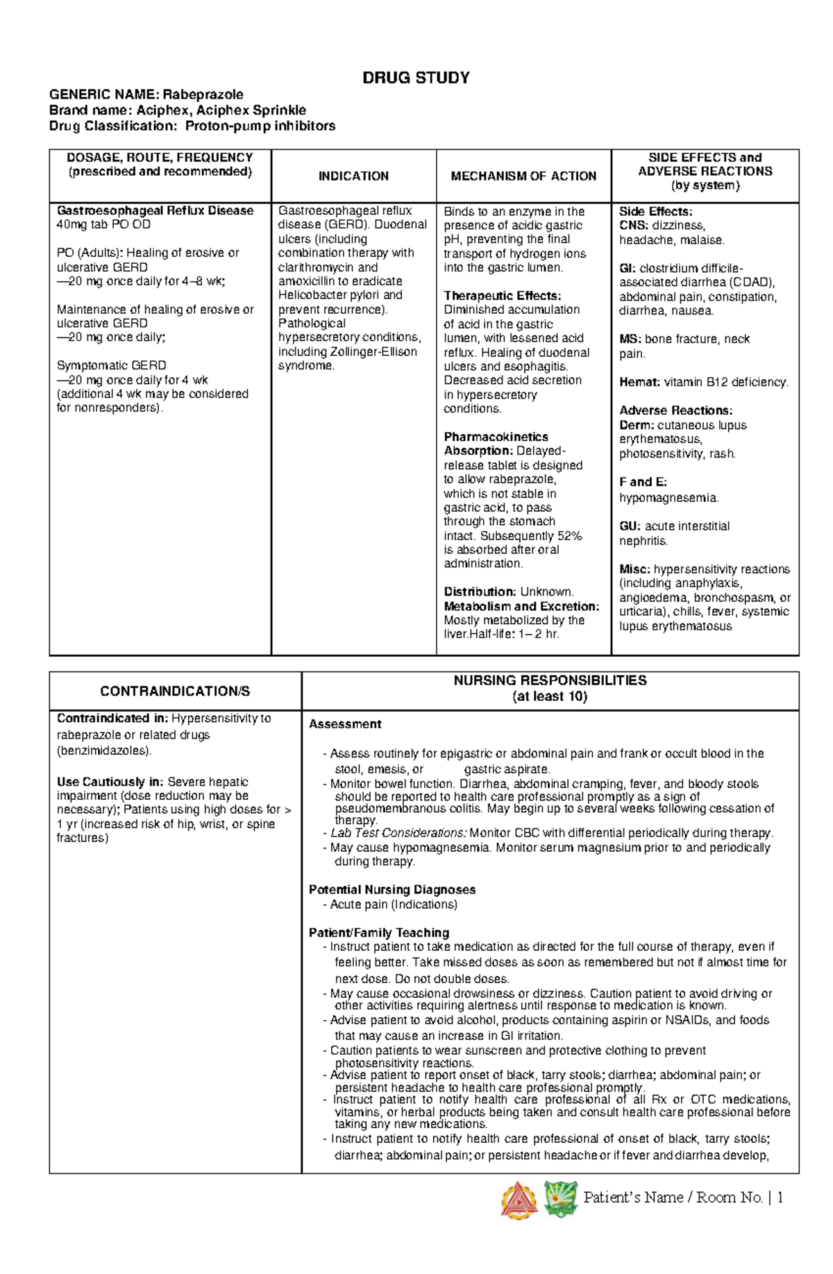 8 Drug Study-converted - DRUG STUDY GENERIC NAME: Rabeprazole Brand ...