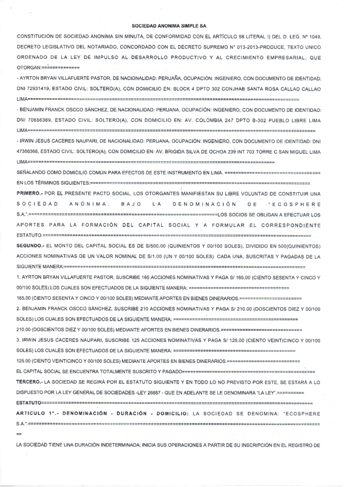 Acta de Constitucion - dfdsfdsf - SOCIEDAD ANONIMA SIMPLE SA ...