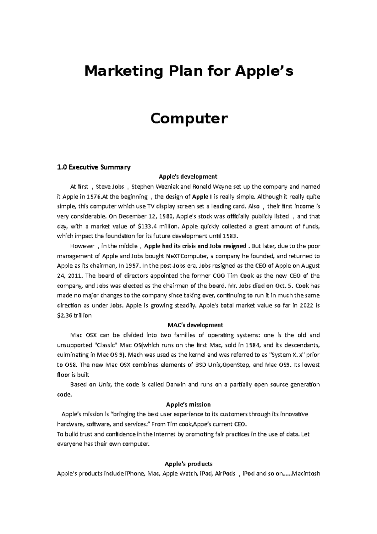 Marketing Plan for Apple - Marketing Plan for Apple’s Computer 1 ...