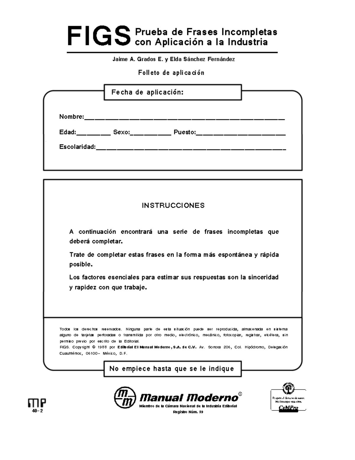 FIGS-Protocolo - Pruebas psicométricas - FIGS Prueba de Frases Incompletas con Aplicación a la ...