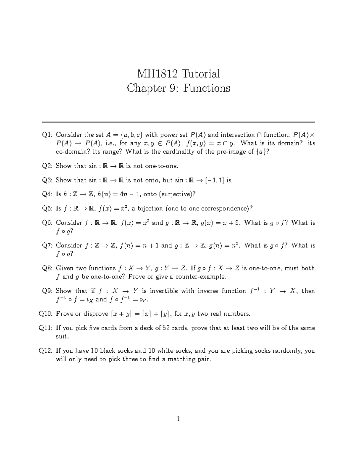 Chapter 9 - Homework - NIL - MH1812 Tutorial Chapter 9: Functions Q1: Consider the setA={a, b ...