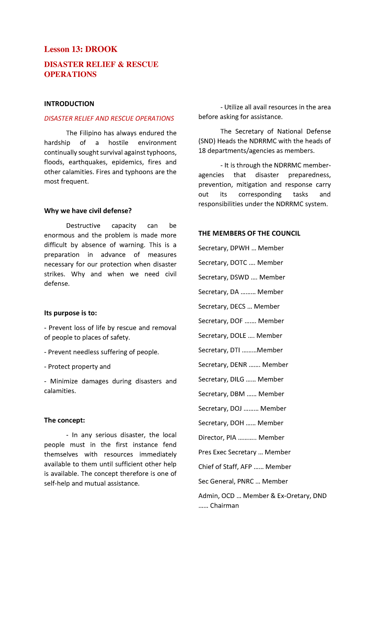 ROTC-Reviewer-Finals - Lesson 13: DROOK DISASTER RELIEF & RESCUE ...