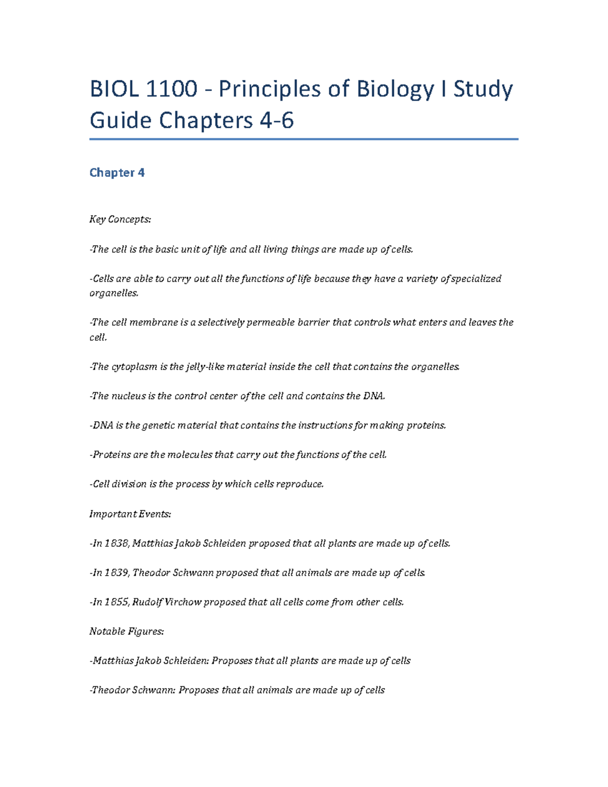 BIOL 1100 - Principles of Biology I Study Guide Chapters 4-6 -Cells are ...