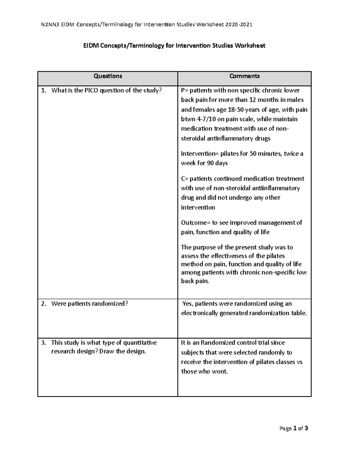 EIDM Concepts-Terminology for Intervention Studies Worksheet 2020-2021 - Were patients ...