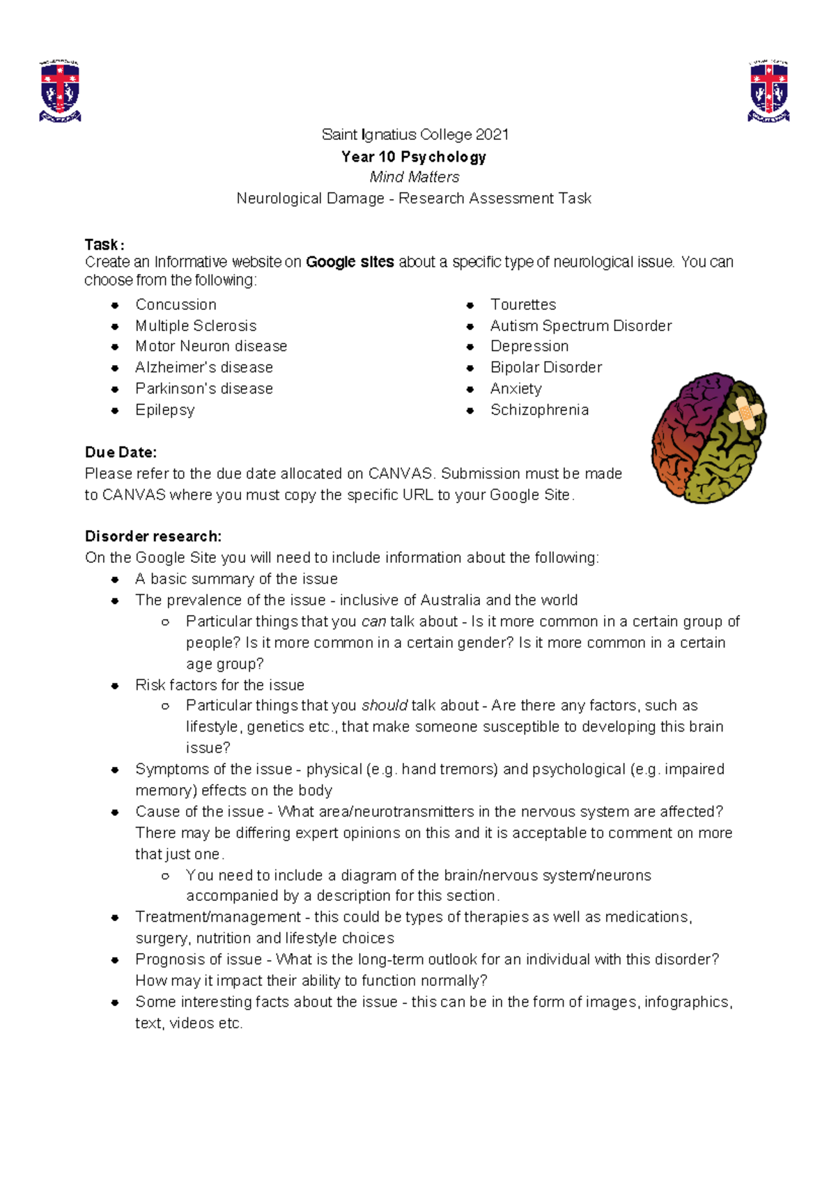 Yr10 Psychology Neurological Damage Task - Saint Ignatius College 2019 ...