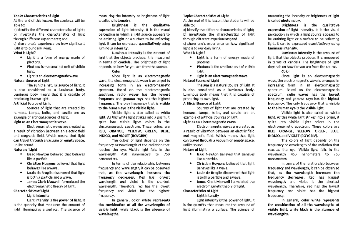 Concept Notes - Light - Topic: Characteristics of Light At the end of ...