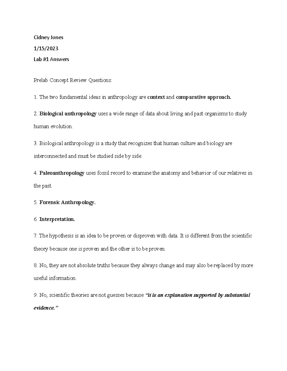 Anthropology Lab 1 - Cidney Jones 1/15/ Lab #1 Answers Prelab Concept ...