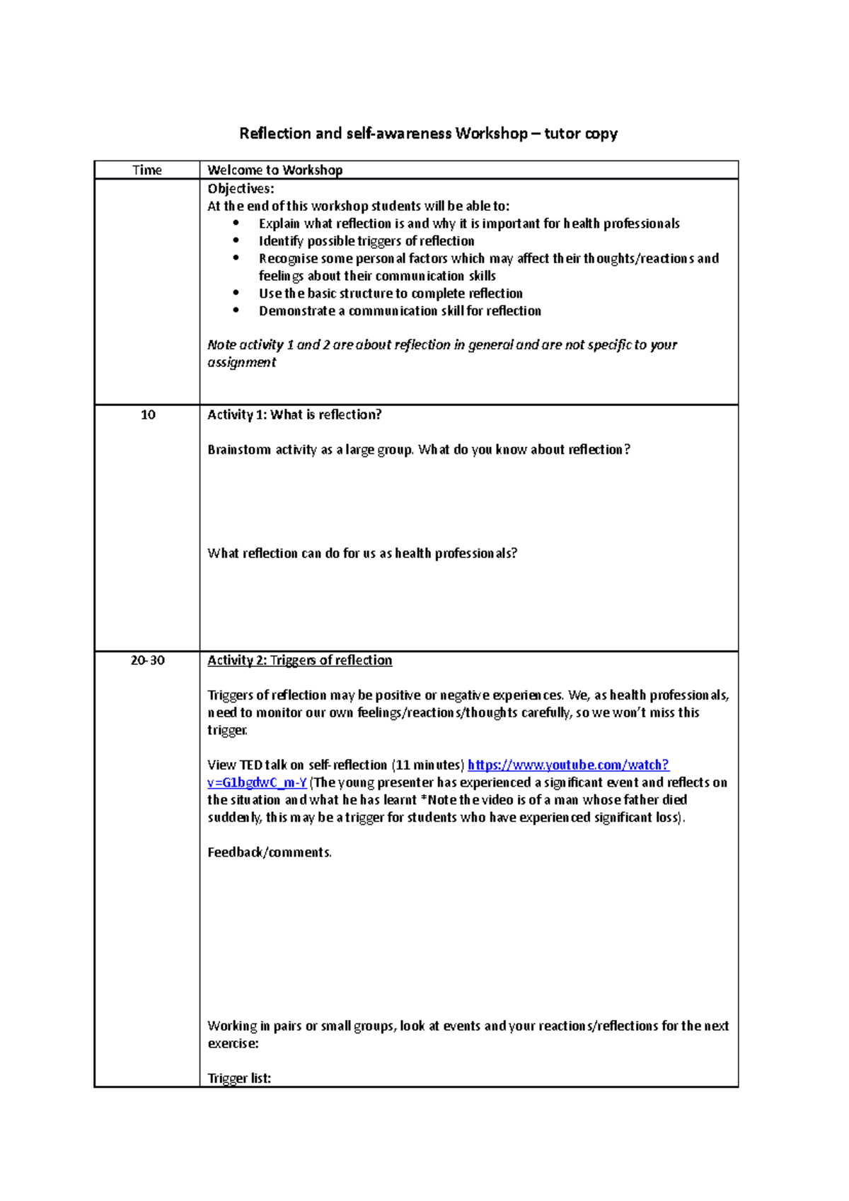 RH1002 2021 Reflection and reflective writing student copy - Reflection ...