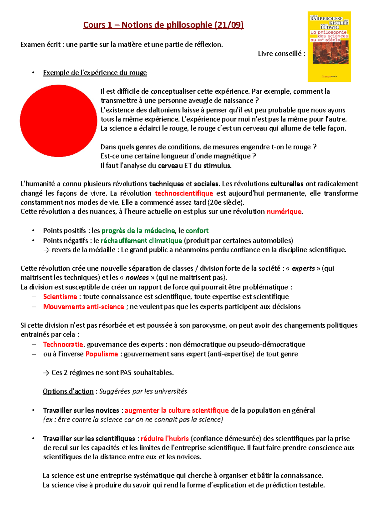 Cours 1 philo - Cours 1 – Notions de philosophie (21/09) Examen écrit : une partie sur la ...