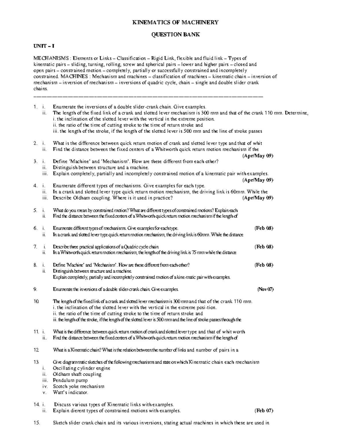 Komqb - KINEMATICS OF MACHINERY QUESTION BANK UNIT – I MECHANISMS ...