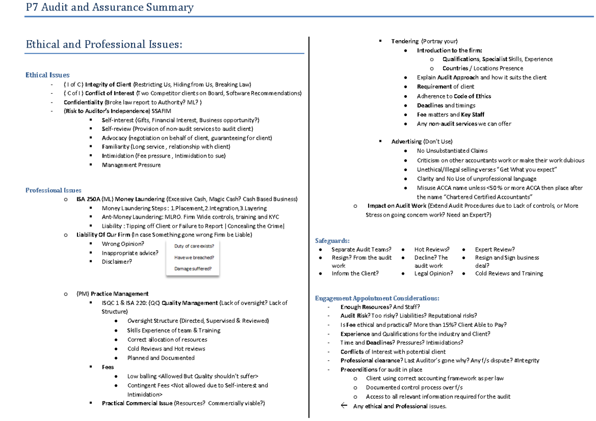 P7 Audit and Assurance Summary - Ethical and Professional Issues ...