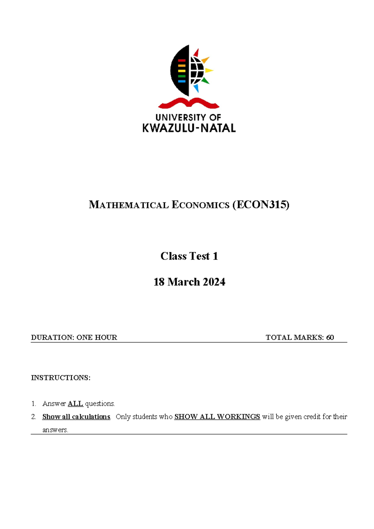 Class Test 1 2024 - Suggsoln Learn - MATHEMATICAL ECONOMICS (ECON315 ...