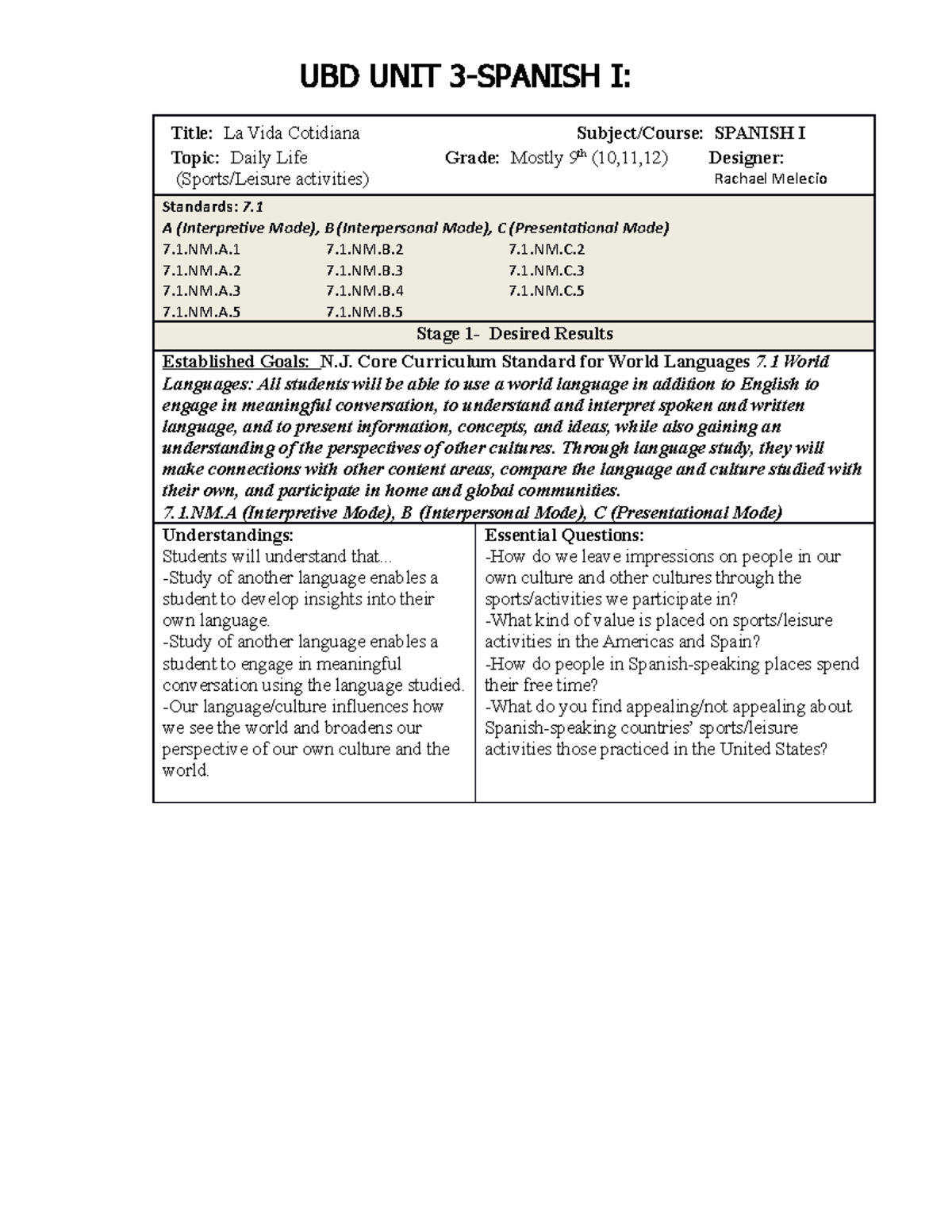 GHS UBD Spanish I Unit 3 La Vida Cotidiana - UBD UNIT 3-SPANISH I ...