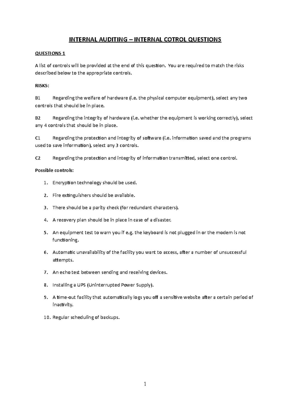 Internal Control Revision Questions - INTERNAL AUDITING – INTERNAL ...