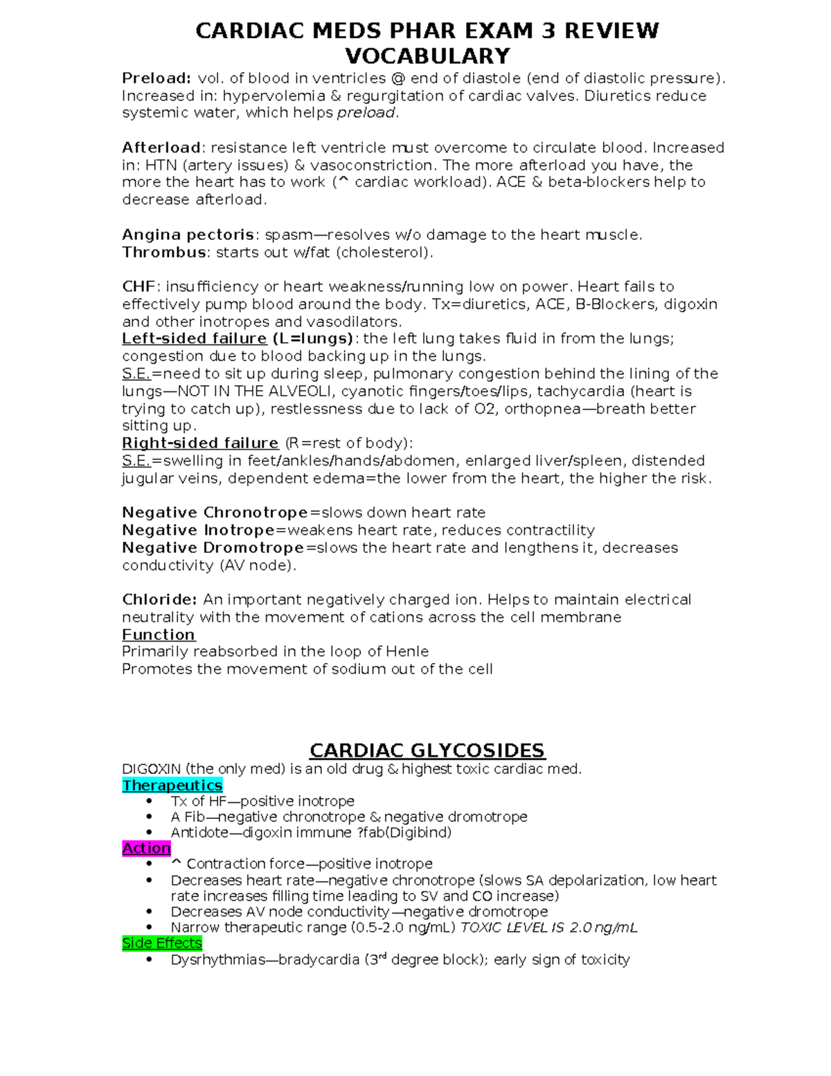Cardiac-MEDS-PHAR-EXAM-3- Review - CARDIAC MEDS PHAR EXAM 3 REVIEW ...