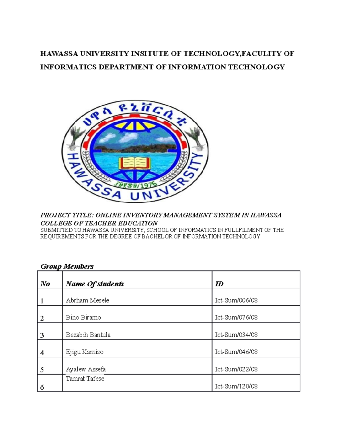 Inventory management system final - HAWASSA UNIVERSITY INSITUTE OF TECHNOLOGY,FACULITY OF - Studocu