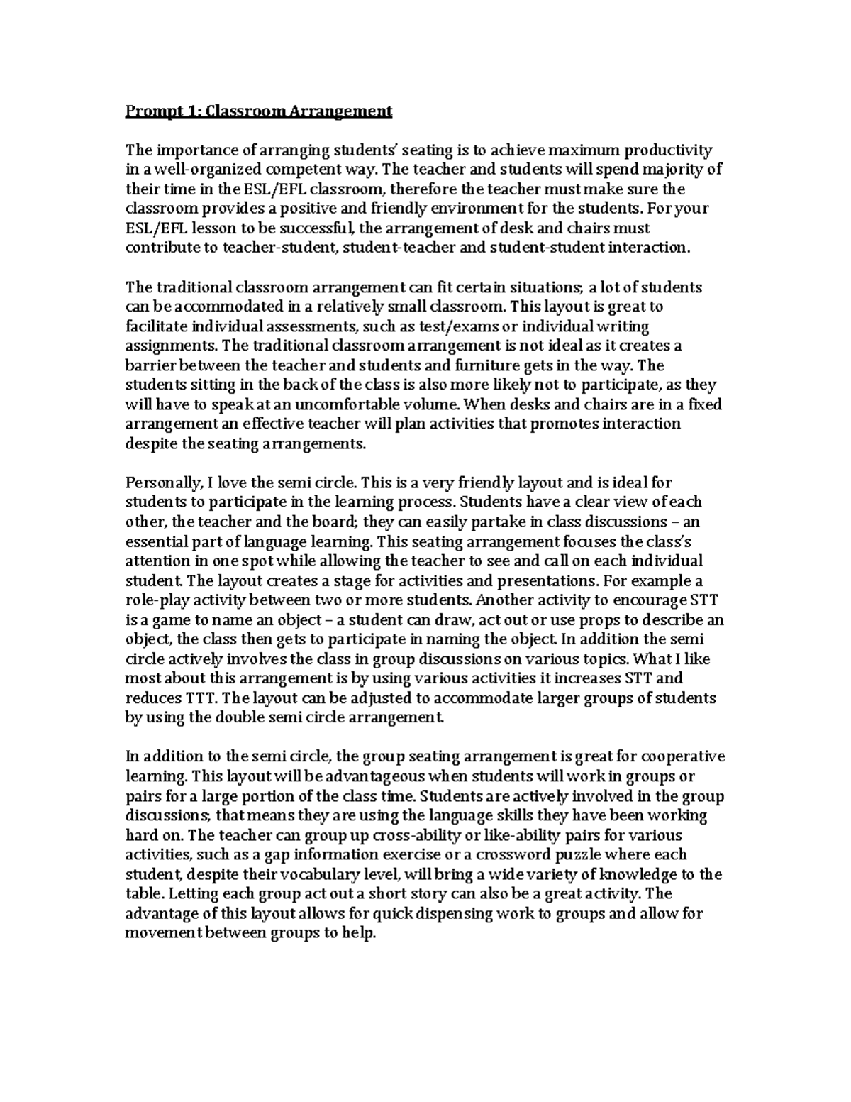 Assignment 1 Classroom Arrangement - **Prompt 1: Classroom Arrangement ...