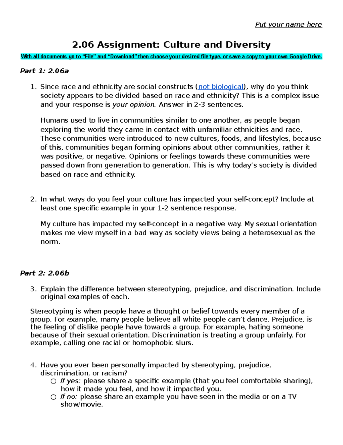 2.06 Assignment Culture and Diversity - Put your name here 2 Assignment ...