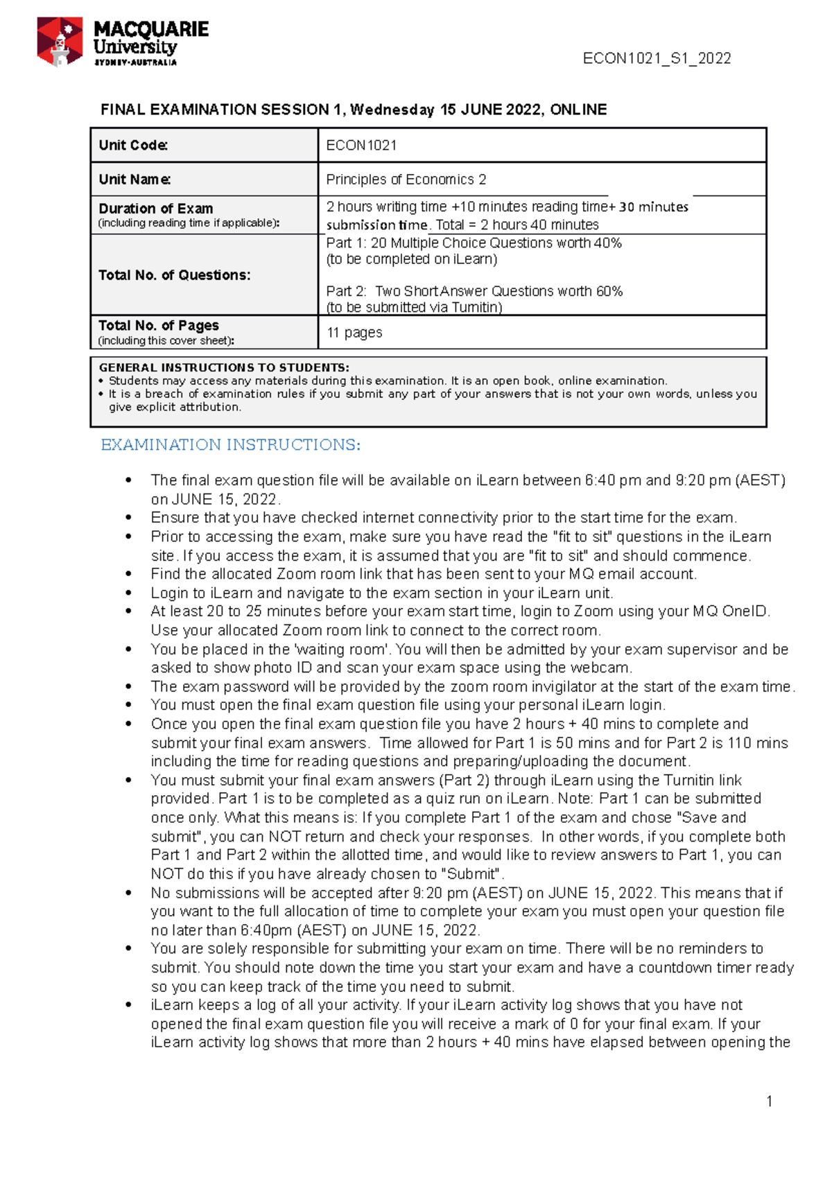 Final EXAM ECON1021 S1 2022 - FINAL EXAMINATION SESSION 1, Wednesday 15 ...