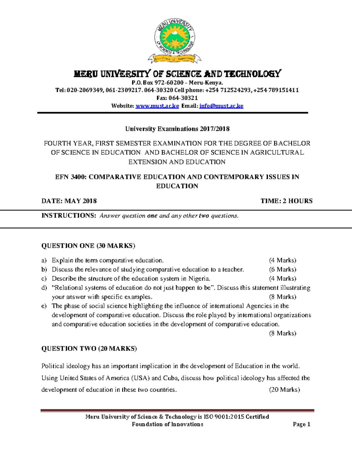EFN 3400 Comparative Education AND Temporary Issues - Meru University ...