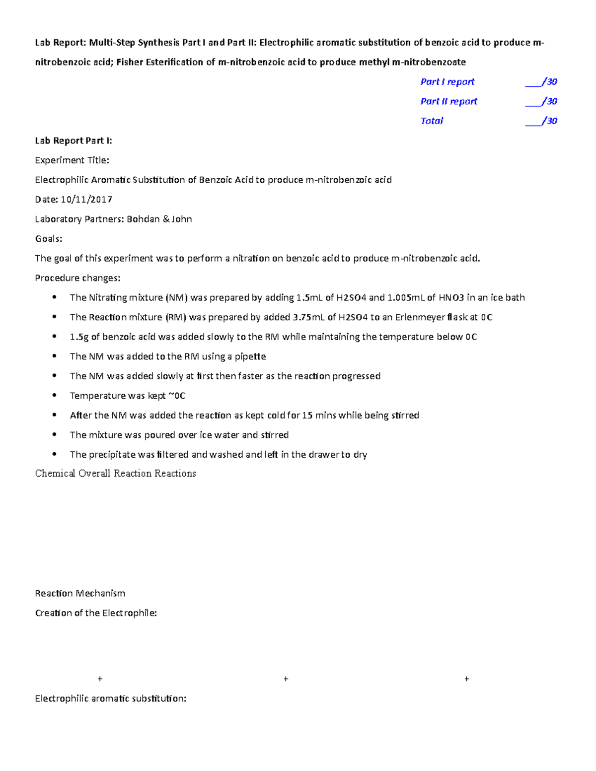 Lab Report - Multi-step synthesis part I and II - Lab Report: Multi ...