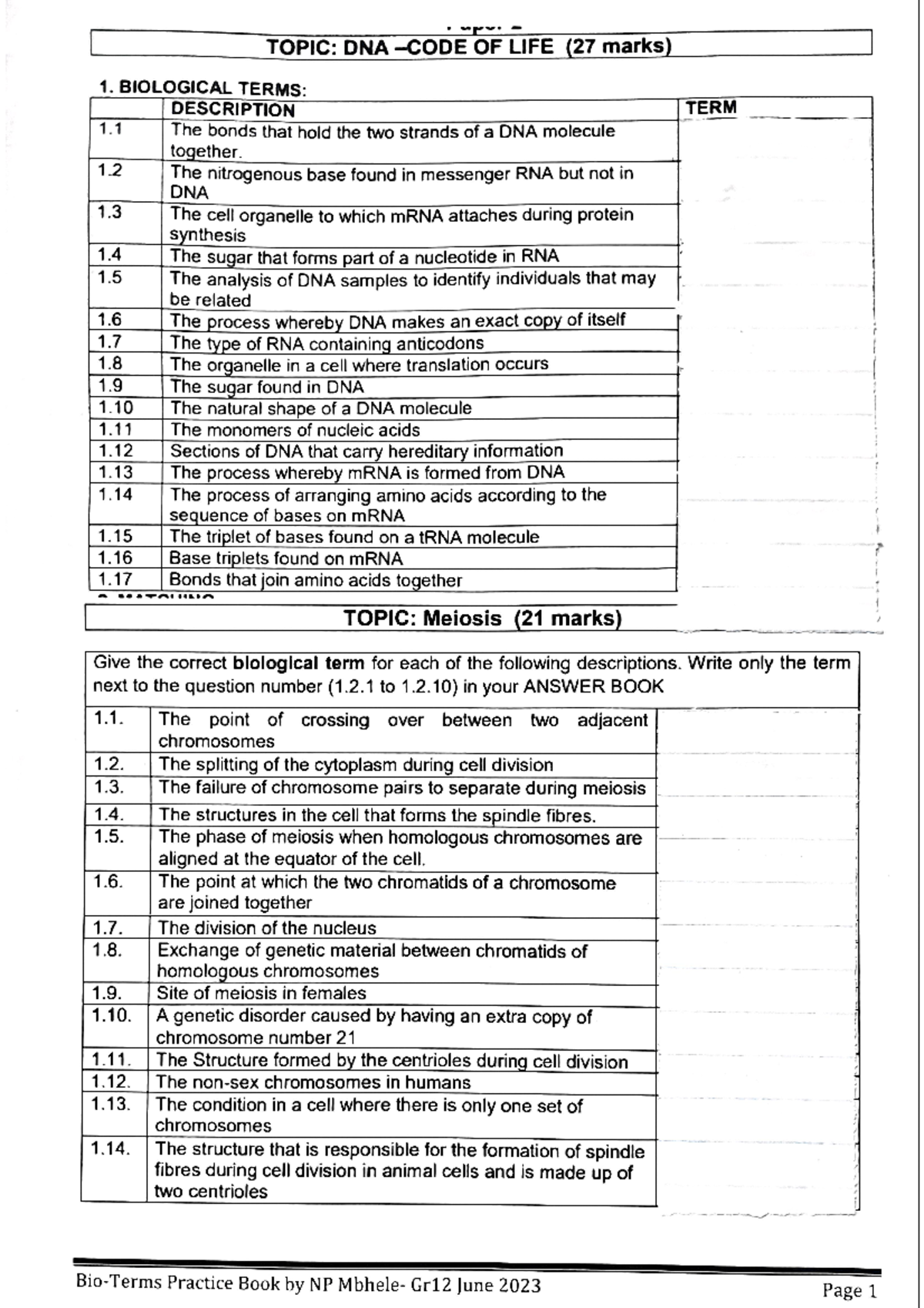 Biological terms term 1 and 2 - Studocu