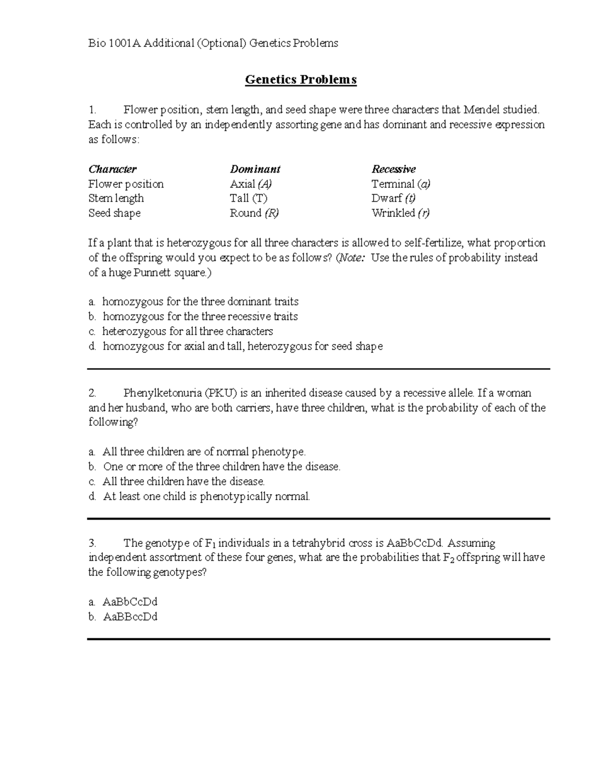 Mendel Genetics Additional Problems - Bio 1001A Additional (Optional) Genetics Problems Genetics ...
