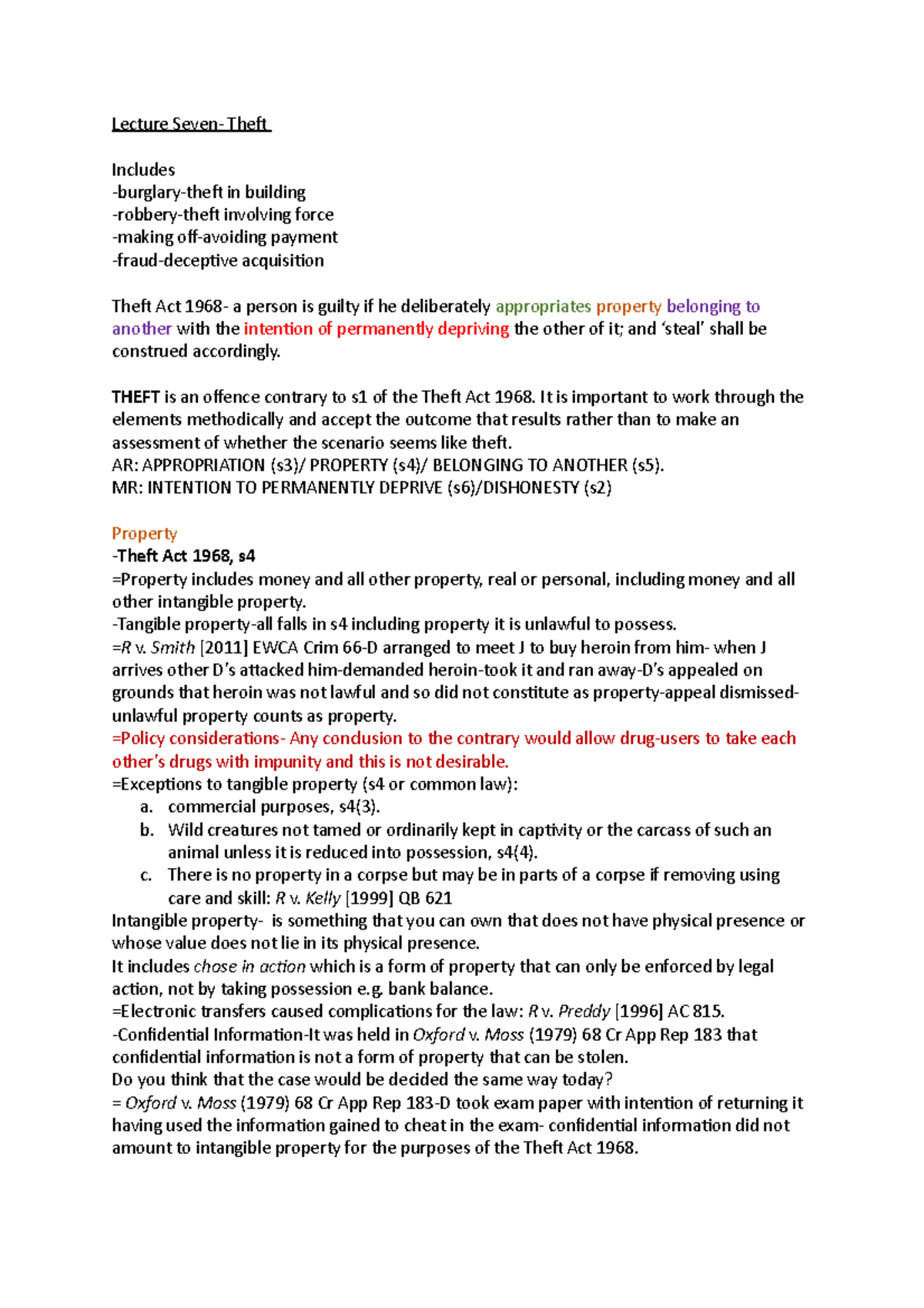 Lecture Seven-Theft - Lecture Seven- Theft Includes -burglary-theft in ...