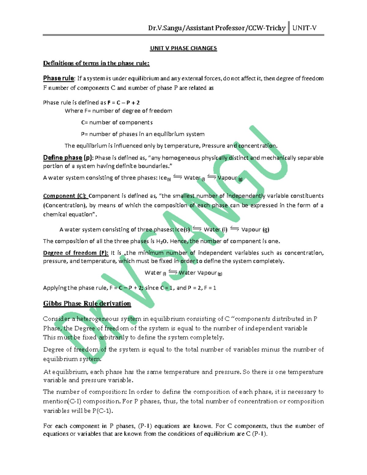 UNIT-V - Phase rule - UNIT V PHASE CHANGES Definitions of terms in the ...