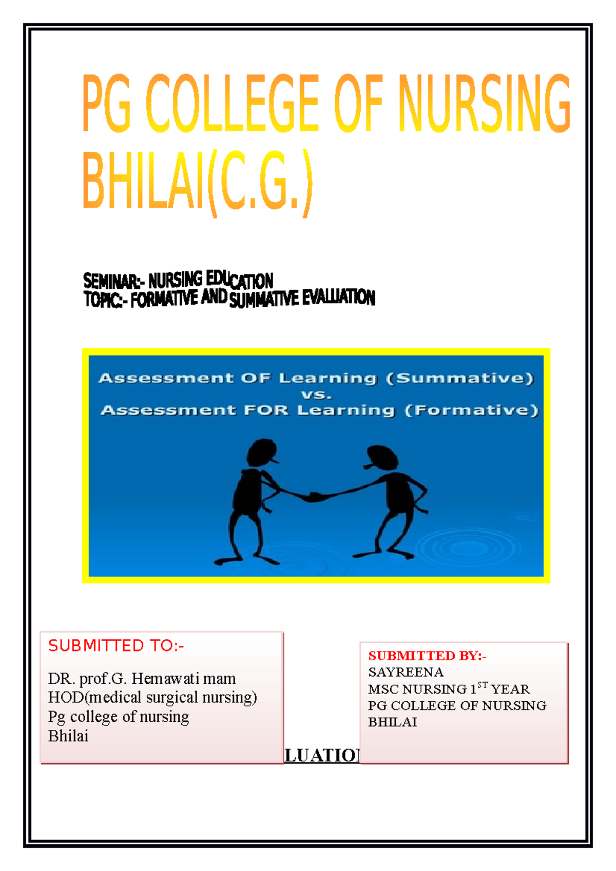 Formative Evaluation Nursing Education Evaluation Submitted To Dr