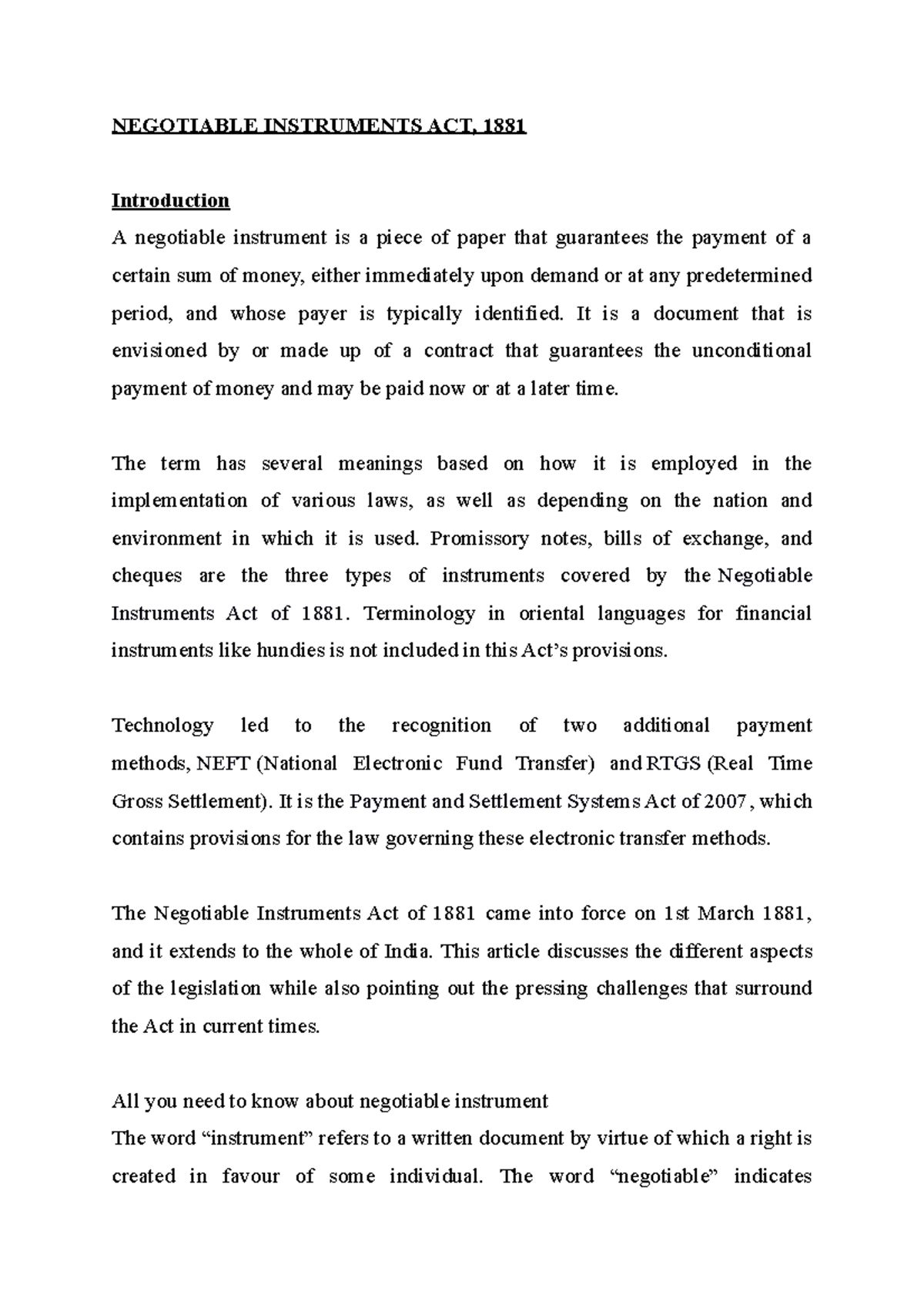 Negotiable Instruments Act - NEGOTIABLE INSTRUMENTS ACT, 1881 ...