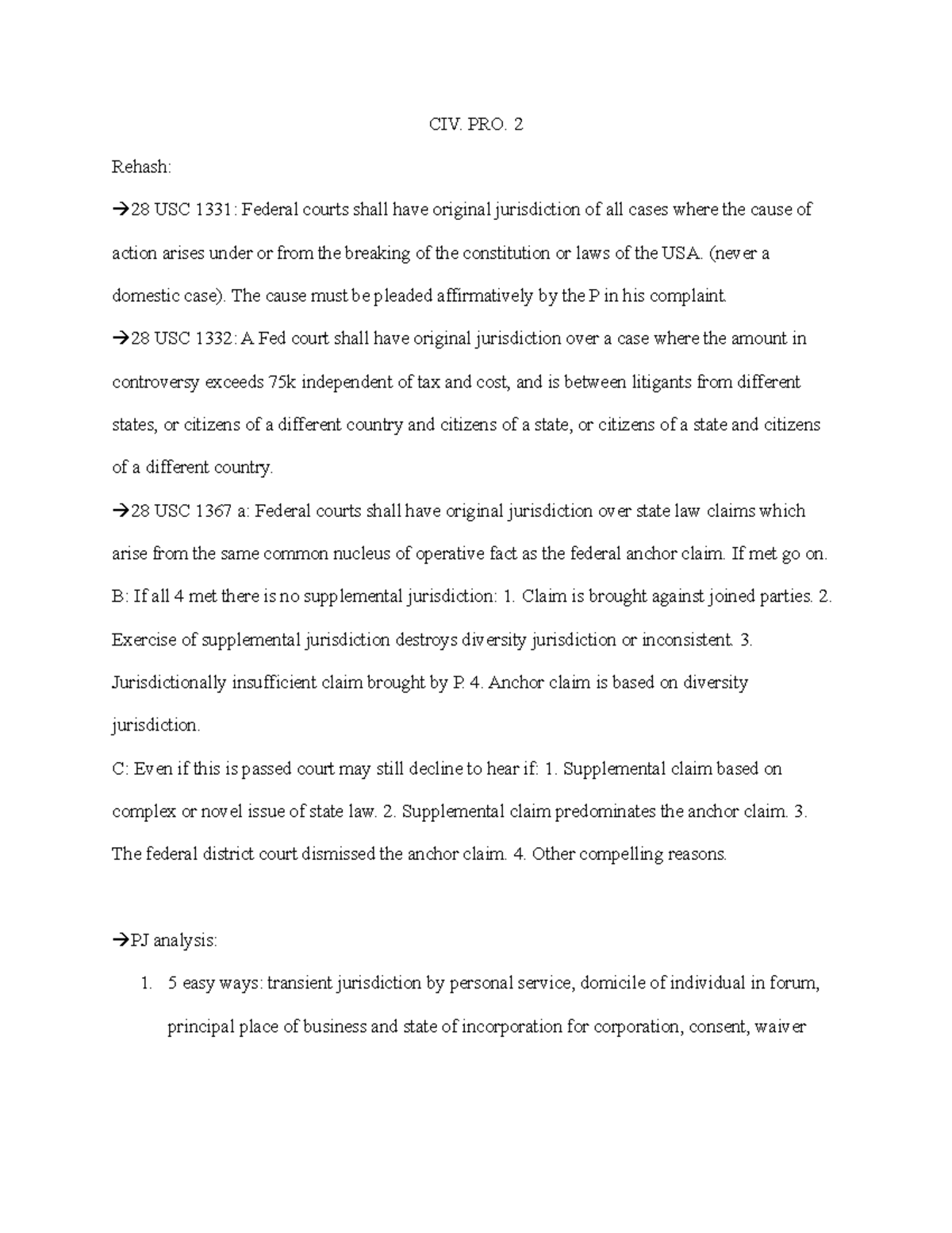 CIV Pro 2- rules - rule summary - CIV. PRO. 2 Rehash: 28 USC 1331 ...