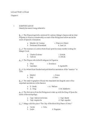 Life and Works of Rizal Chapter-5 - MULTIPLE CHOICES Write the letter of the best answer before ...