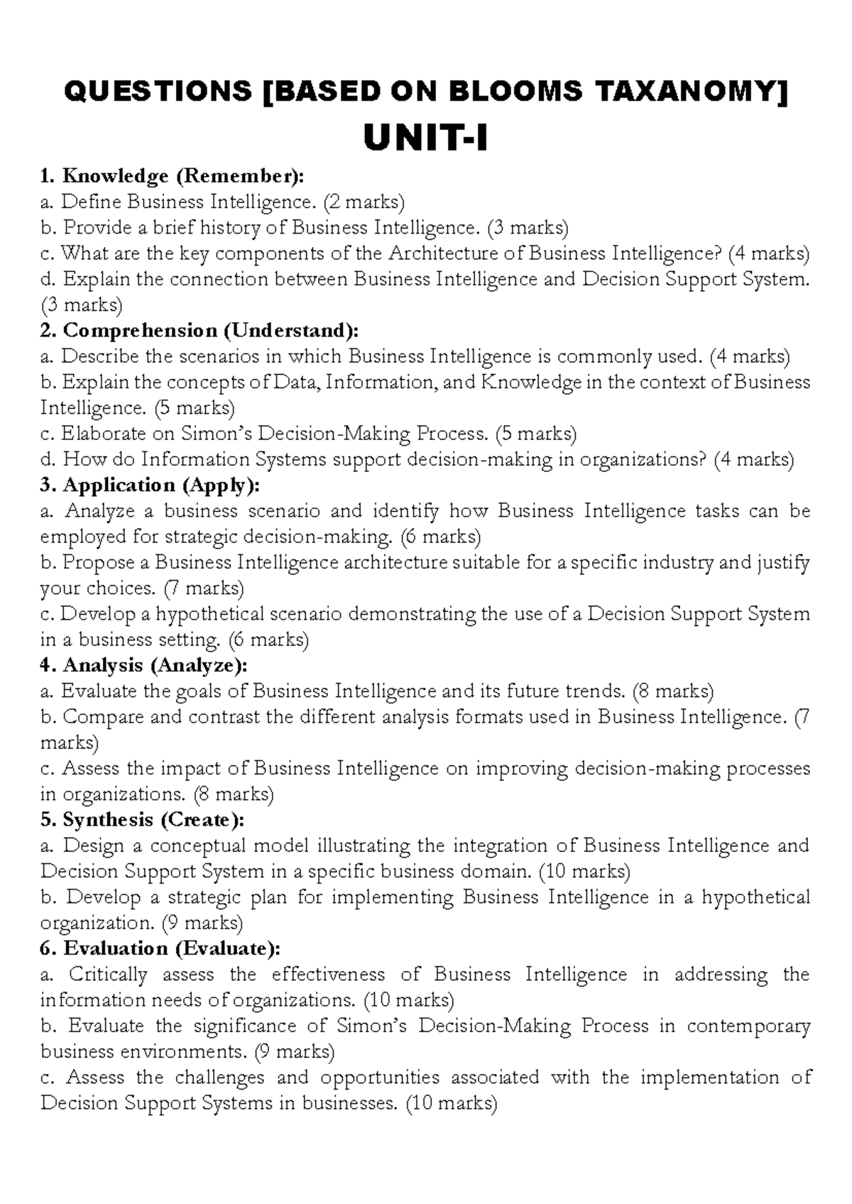 BI QB - QUESTIONS [BASED ON BLOOMS TAXANOMY] UNIT-I Knowledge (Remember ...